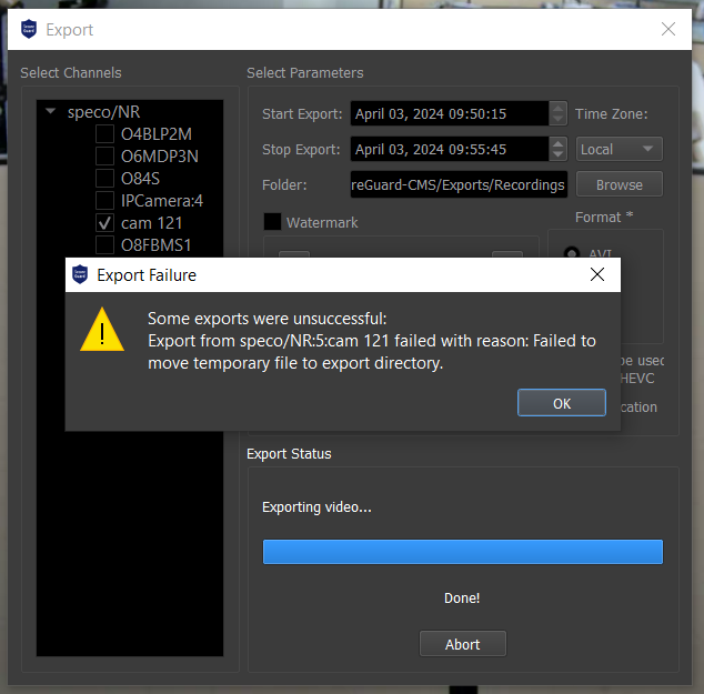 SecureGuard® CMS - Export Error Message