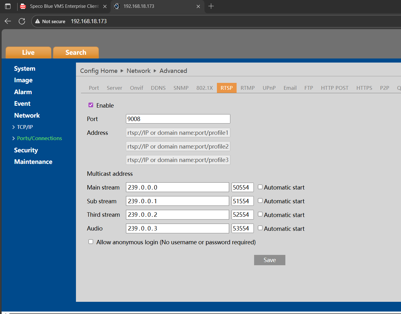 How to use an RTSP Stream from a Speco Blue Camera