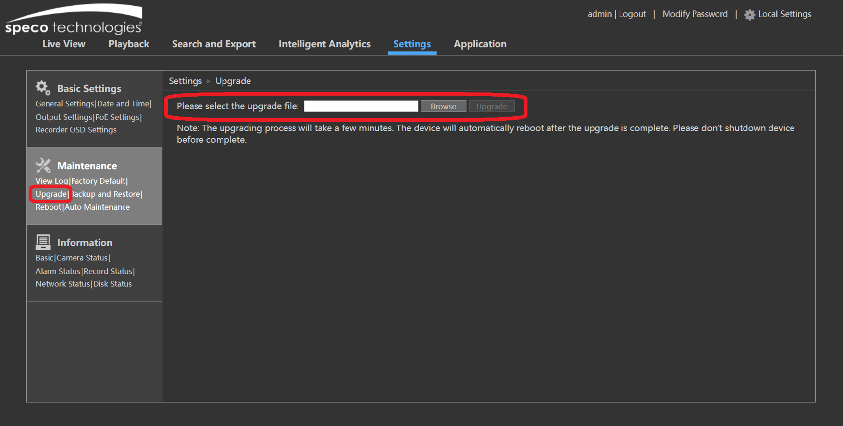 How to upgrade firmware for a Speco Blue Recorder from a web browser