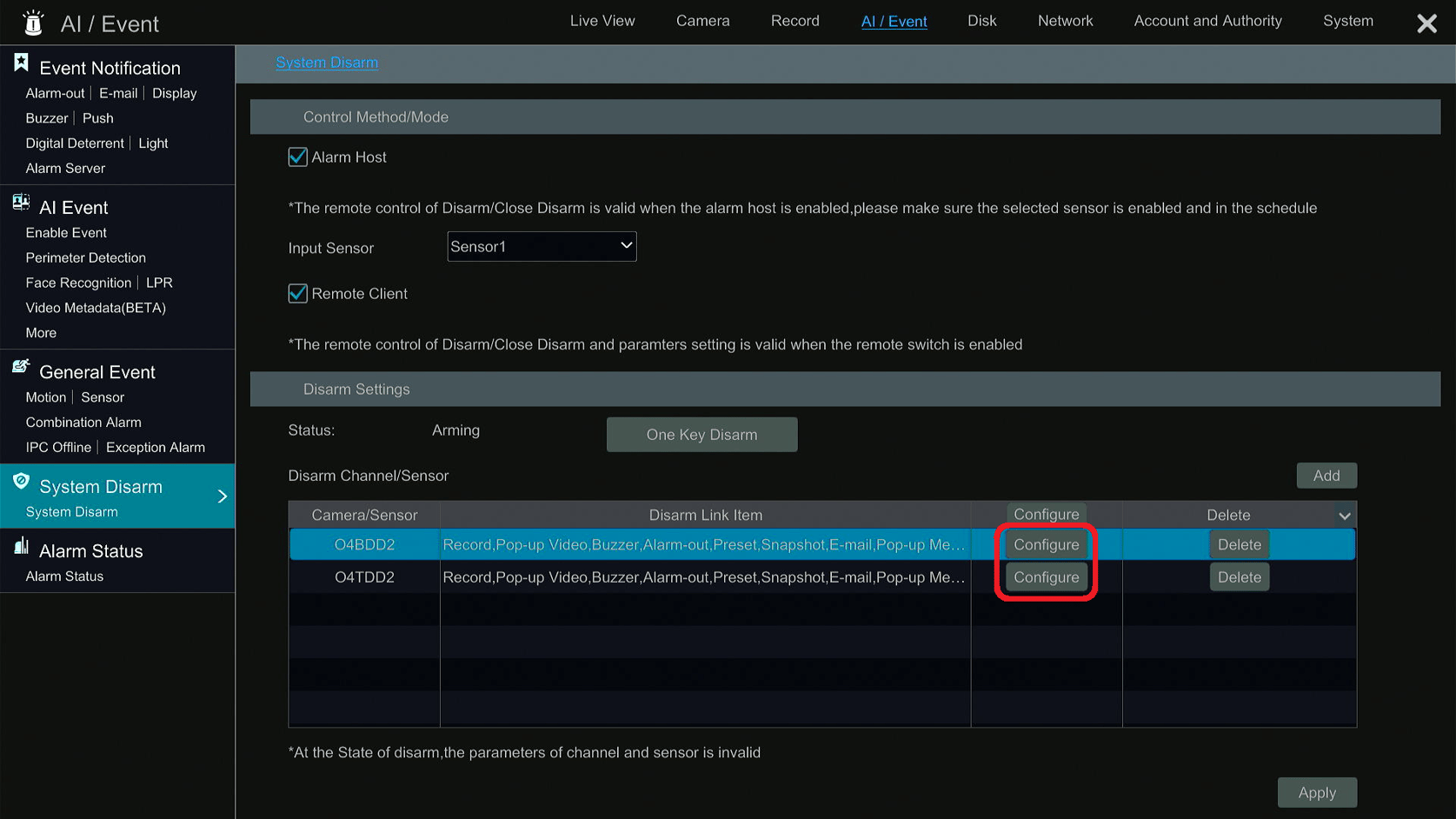 How to configure and utilize the arm/disarm feature of a Speco Blue ...